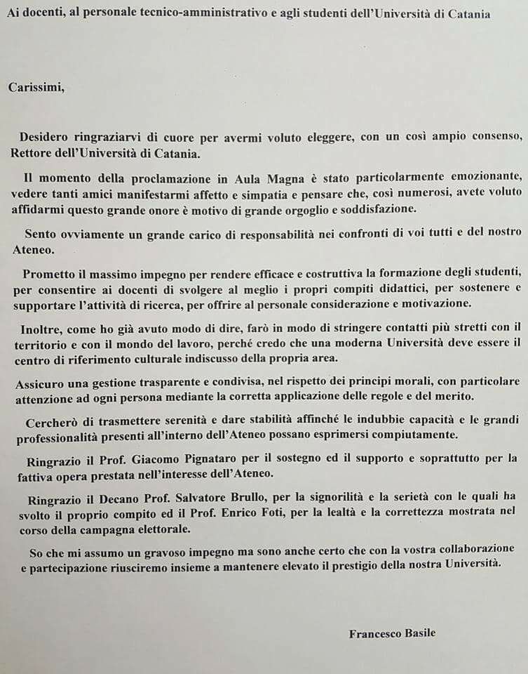 UNICT – La lettera di ringraziamento del rettore Basile agli studenti ...